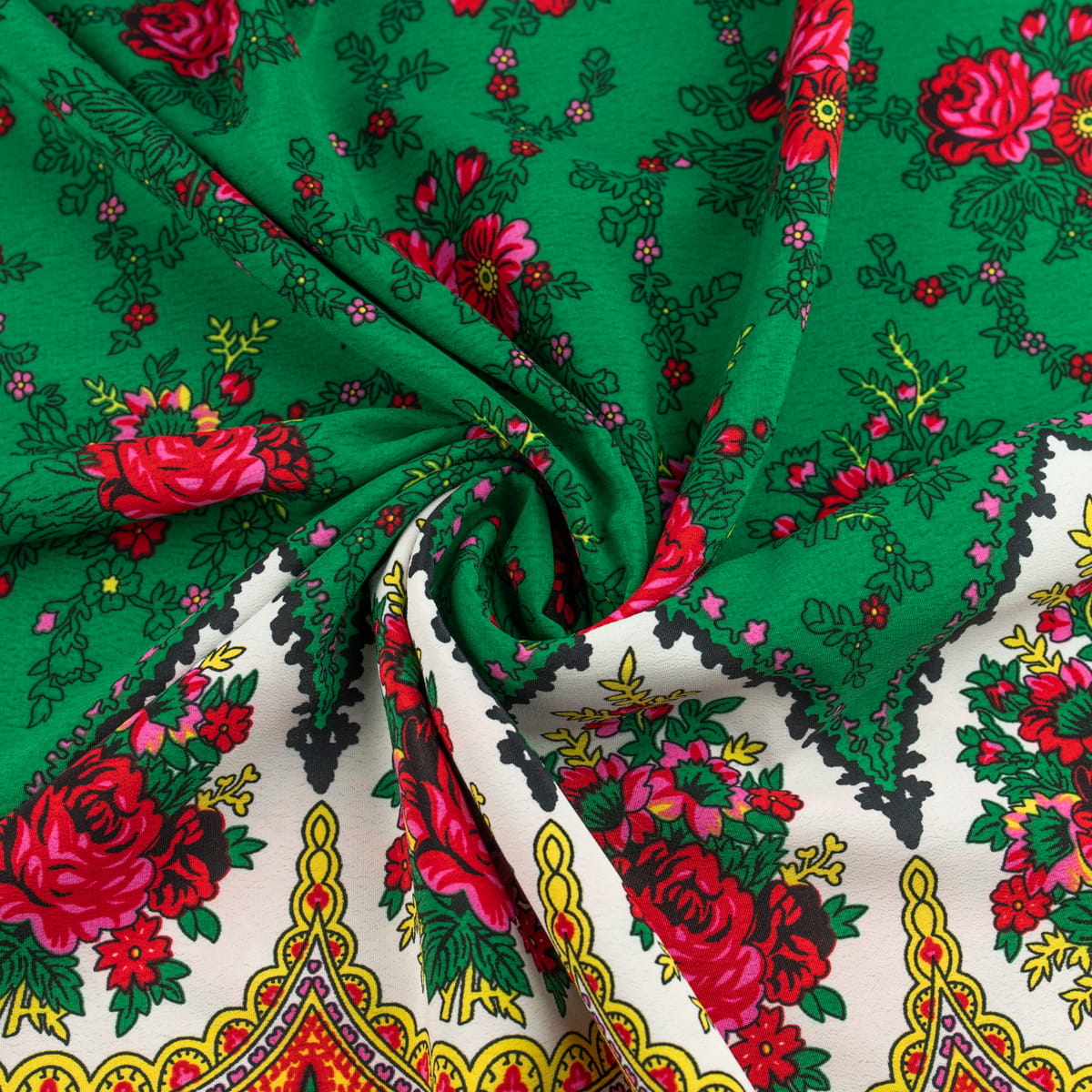 Tkanina kelly krepa wzór ludowy kwiaty kolor zielony - Textilhouse