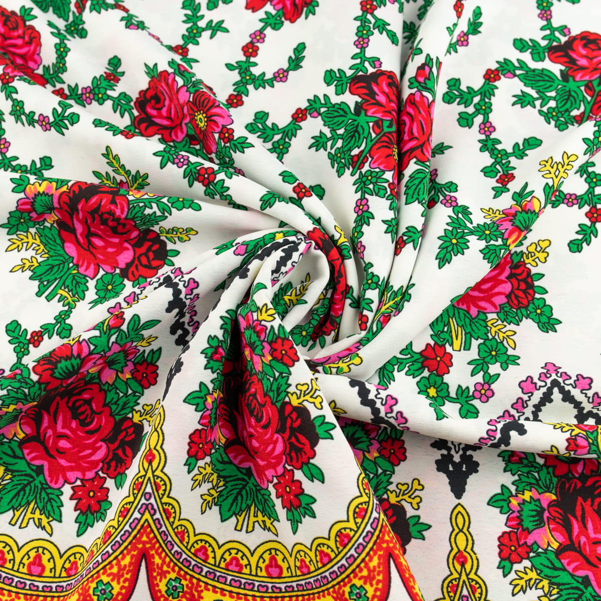 Tkanina kelly krepa wzór ludowy kwiaty kolor ecru - Textilhouse