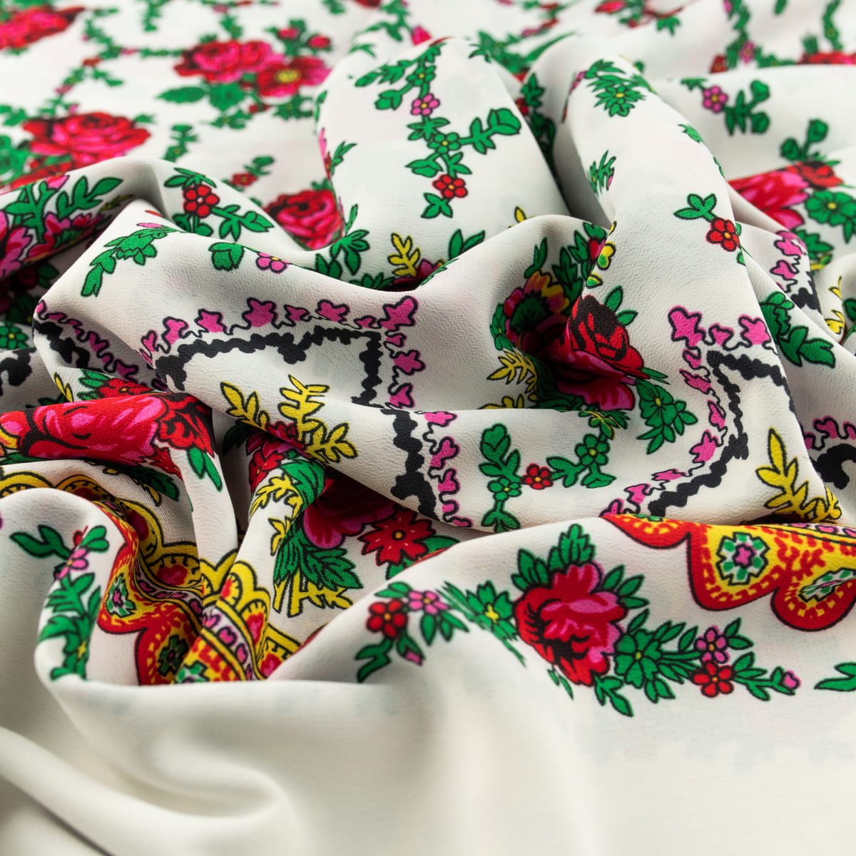 Tkanina kelly krepa wzór ludowy kwiaty kolor ecru - Textilhouse