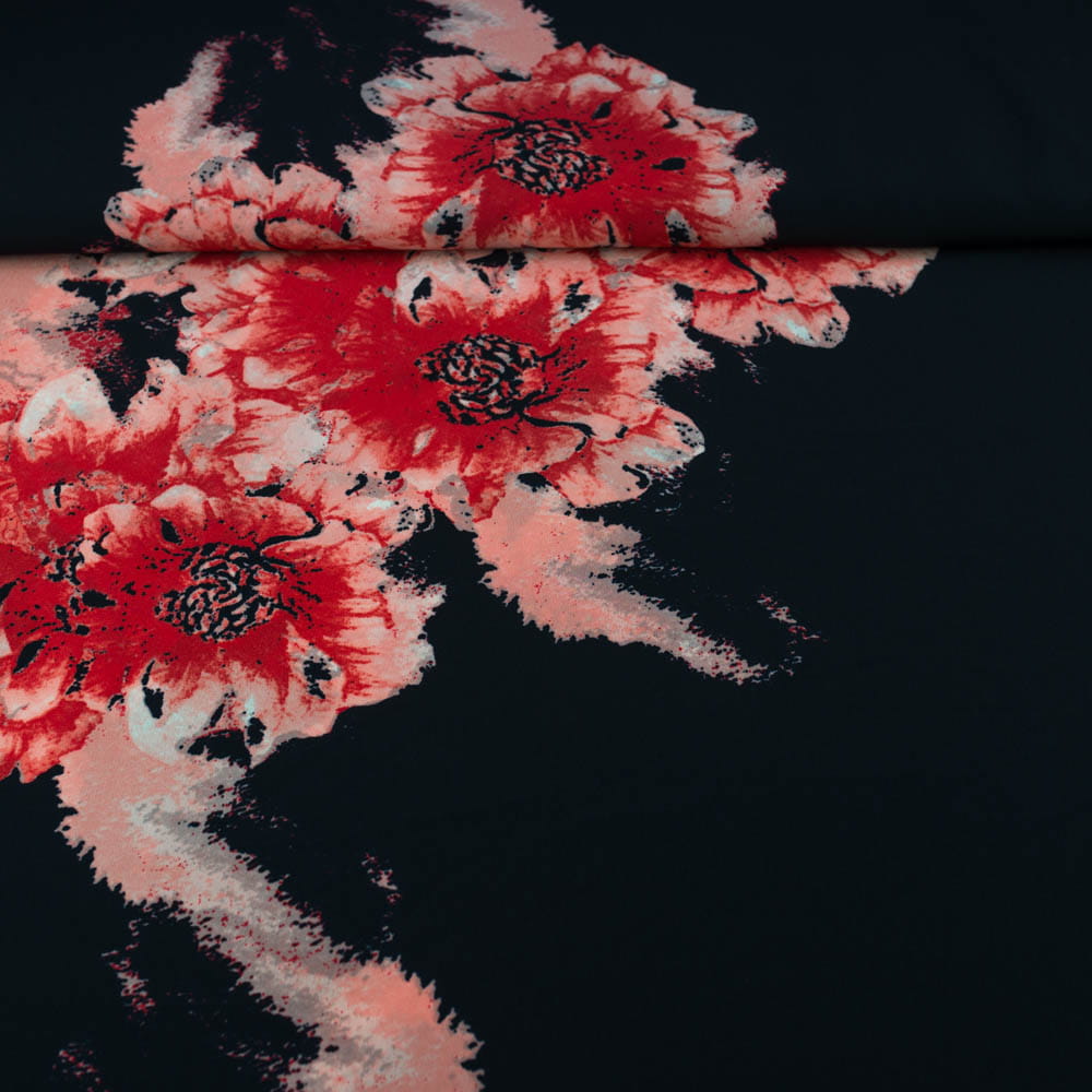 Tkanina Krepa kwiaty border dwustronny czerwony - Textilhouse